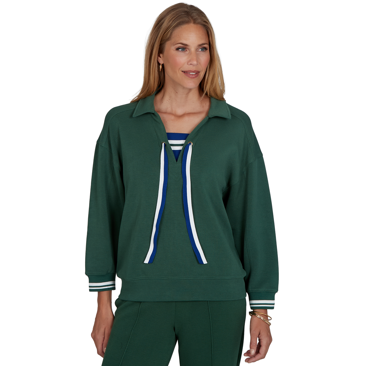 Click here for Petite Ruby Rd. Game of Luxe Stripe Trim Sweatshir... prices