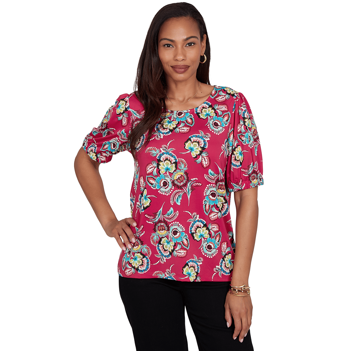 Click here for Womens Ruby Rd. Tropical Noir Puff Sleeve Etched F... prices