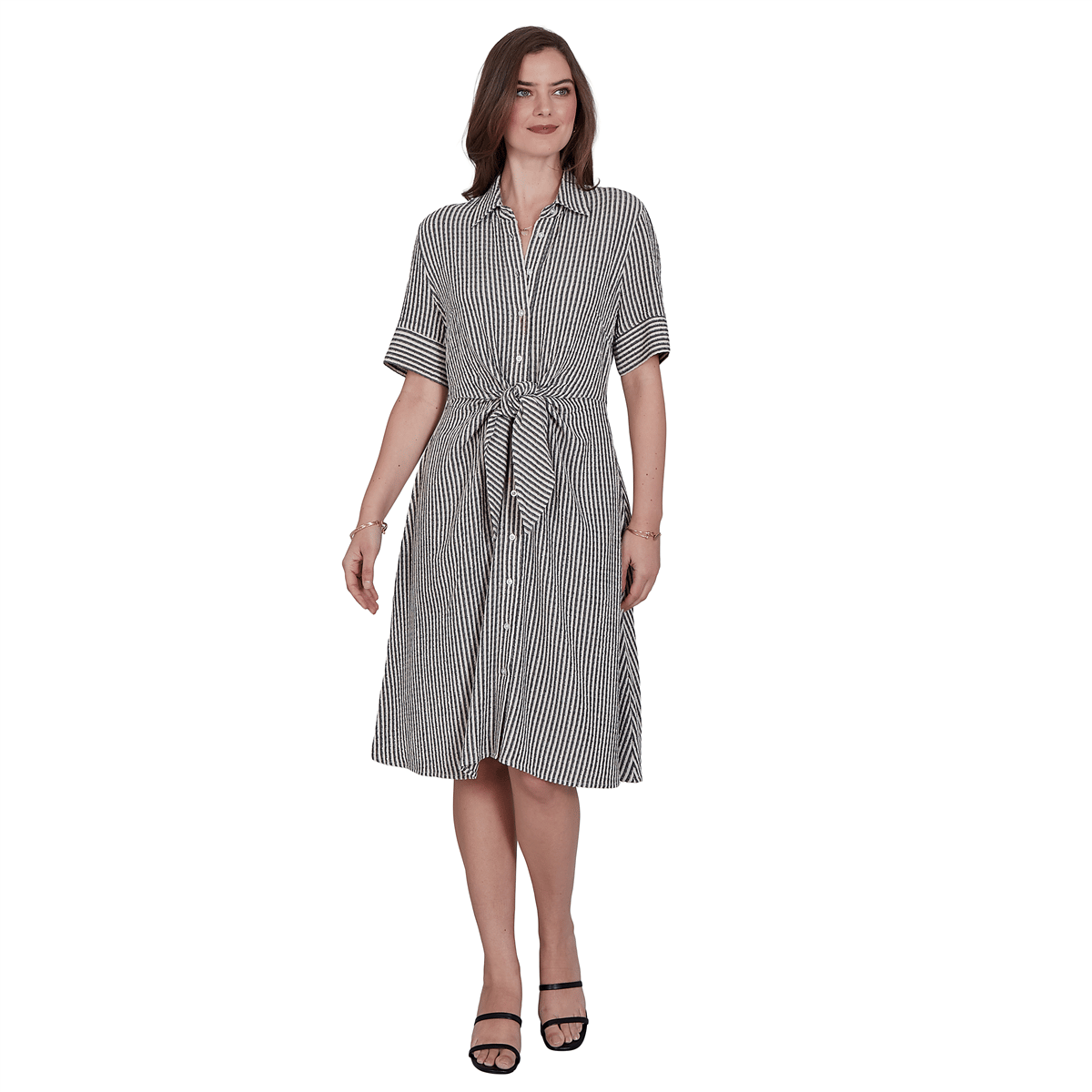 Click here for Petite Ruby Rd. Tropical Noir Stripe Knot Front Sh... prices