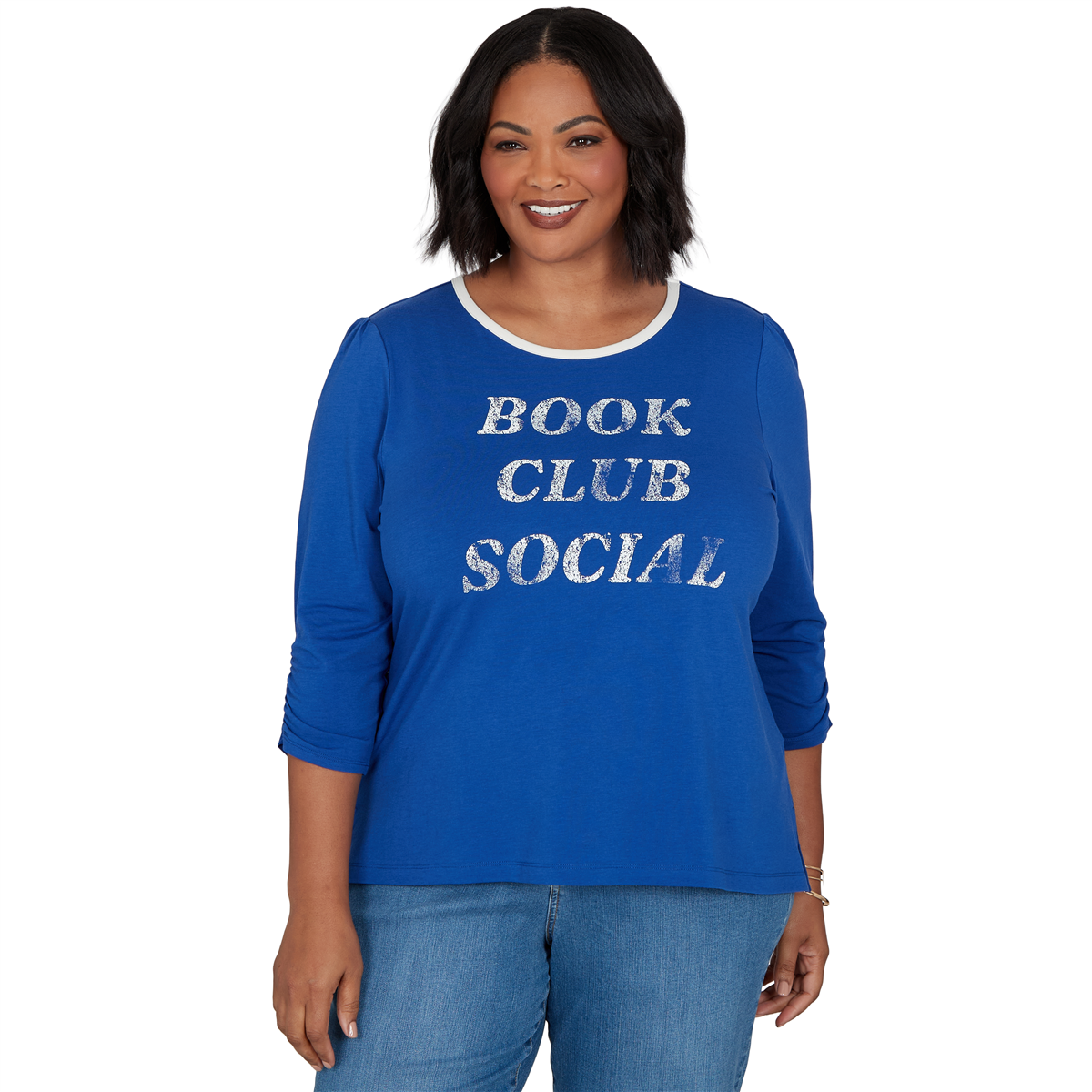 Ruby Rd. Plus Size Book Club Graphic Crewneck 3/4-Sleeve T-Shirt - Cobolt Muli