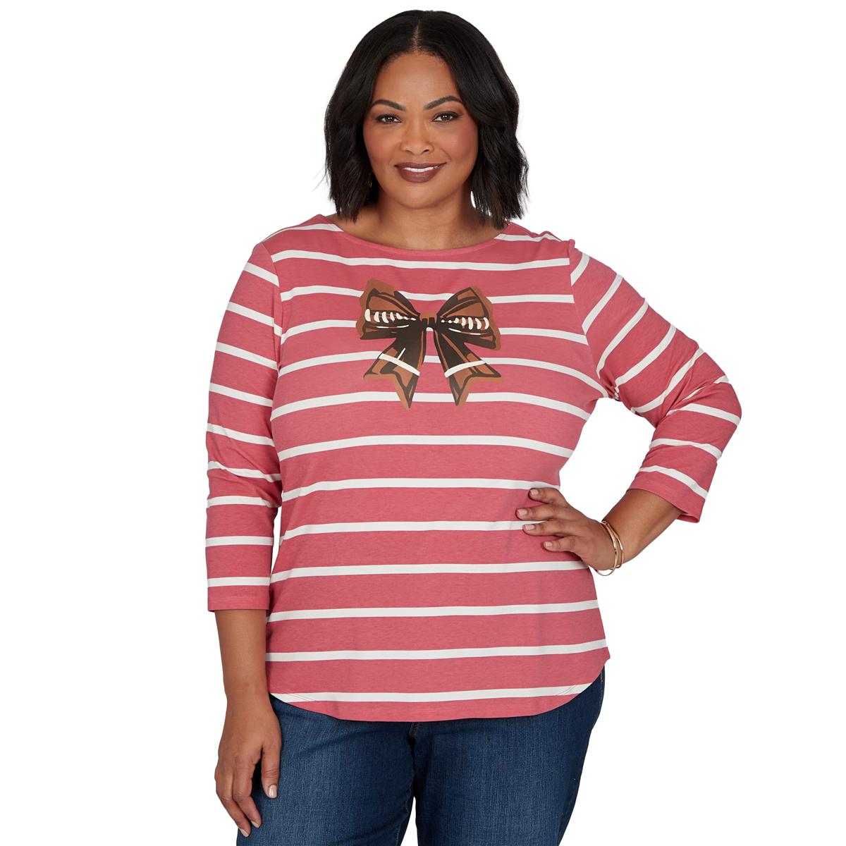 Ruby Rd. Plus Size Boat Neck 3/4-Sleeve Striped T-Shirt - Rose Multi