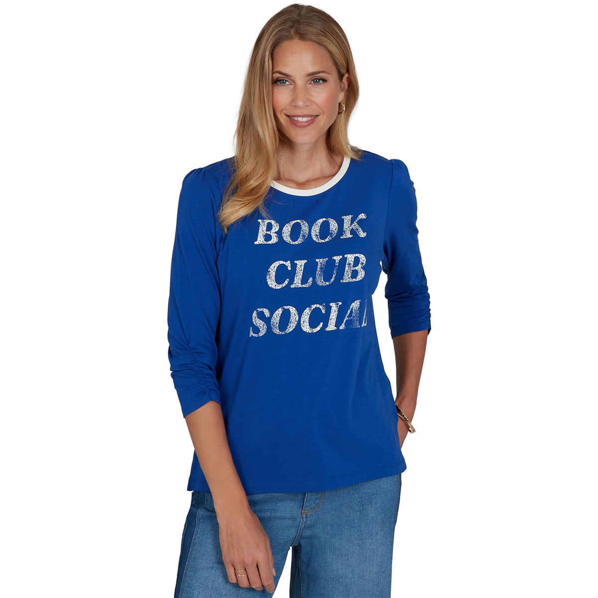 Ruby Rd. Petite Book Club 3/4-Sleeve Graphic-Print Top - Cobolt Muli