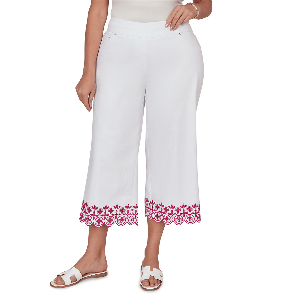 Ruby Rd. Plus Size Embroidered Hem Colored Denim Pull-On Capri Pants - White