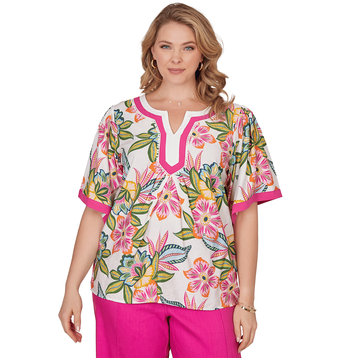 Ruby Rd. Plus Size Tropical Floral Trim Detail Top - Fuchsia Multi