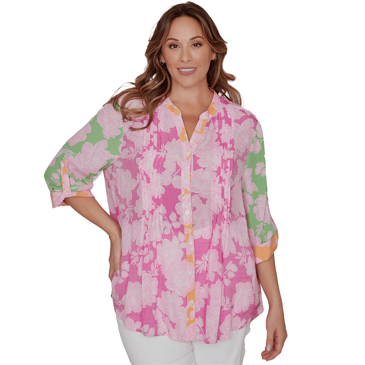 Ruby Rd. Plus Size Color Block Floral Pintuck Gauze Top - Fuchsia Multi