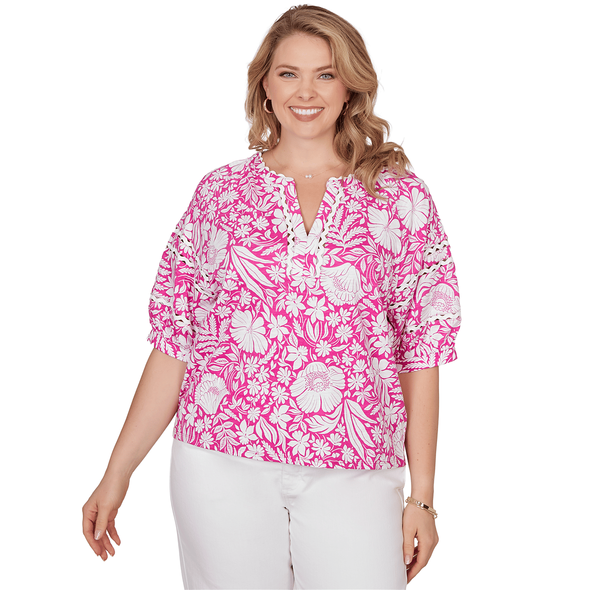 Ruby Rd. Plus Size Tropical Floral Trim Knit Top - Spring Green Multi