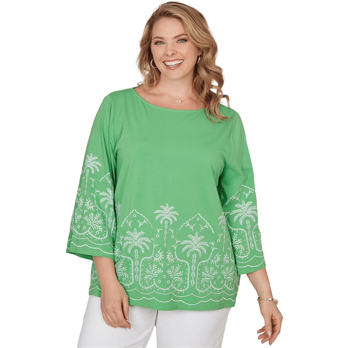 Ruby Rd. Plus Size Palm Tree Embroidered Knit Top - Spring Green