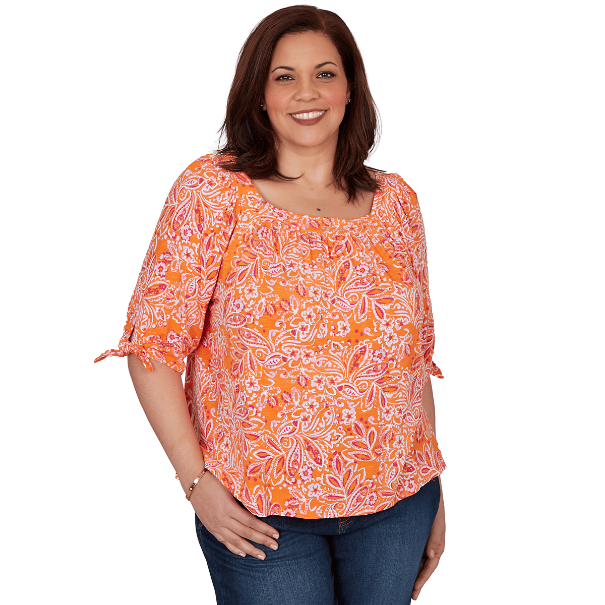 Ruby Rd. Plus Size Paisley Print Tie-Sleeve Knit Top - Mandarin Multi