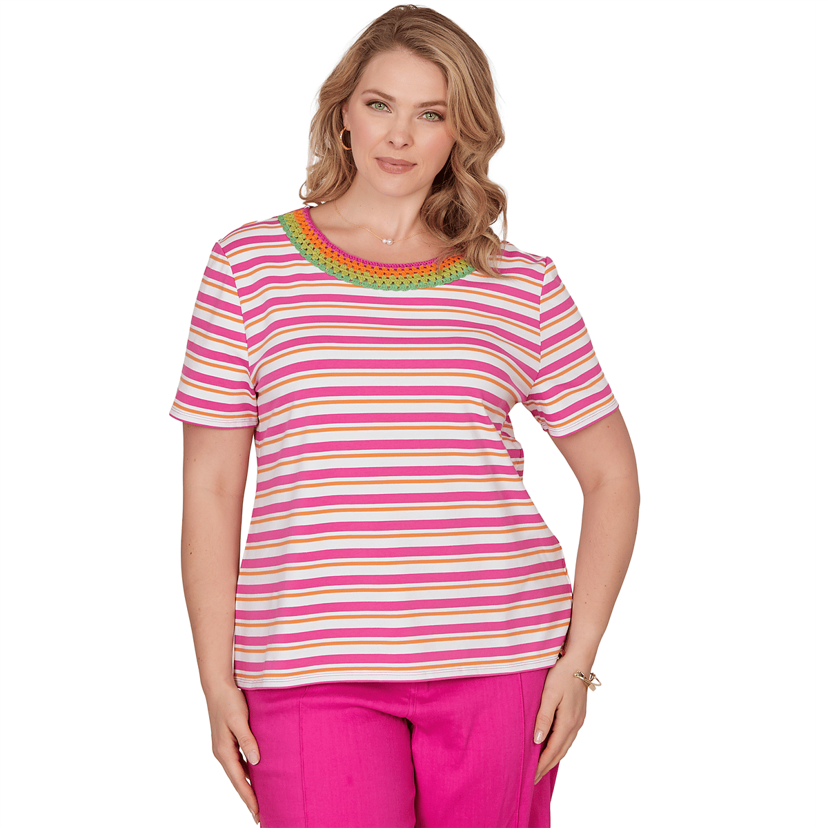 Ruby Rd. Plus Size Crochet Neck Stripe Knit Top - Fuchsia Multi