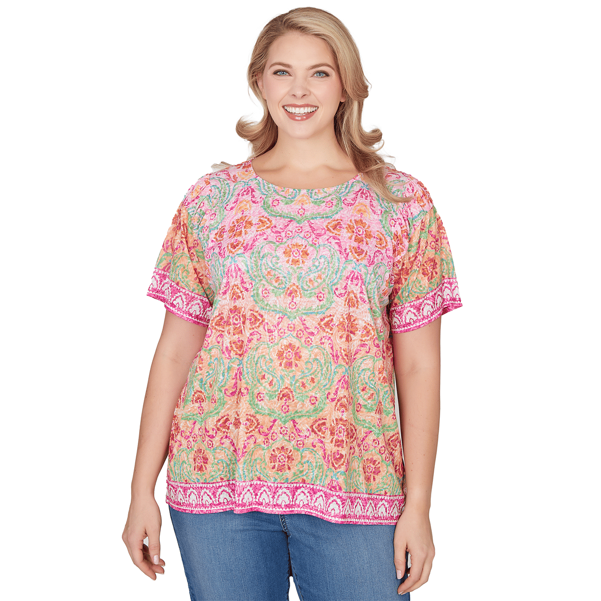 Ruby Rd. Plus Size Floral Damask Print Knit Top - Fuchsia Multi