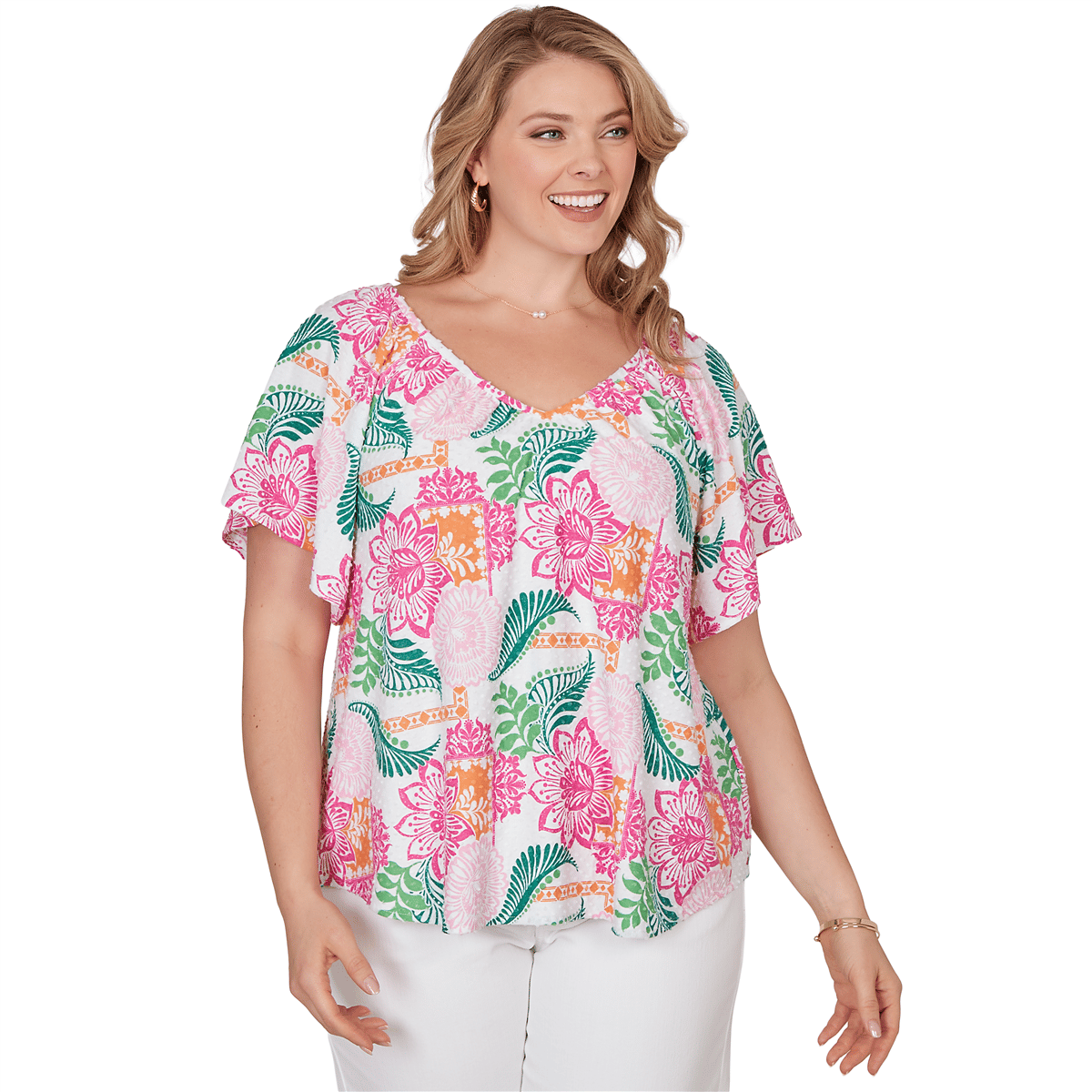 Ruby Rd. Plus Size Tropical Floral Eyelet Flutter Sleeve Top - White Multi
