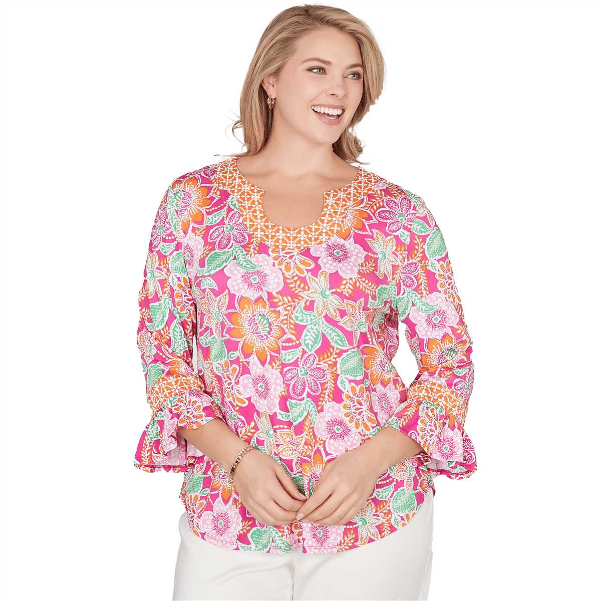 Ruby Rd. Plus Size Floral Puff Print Ruffle Sleeve Knit Top - Fuchsia Multi