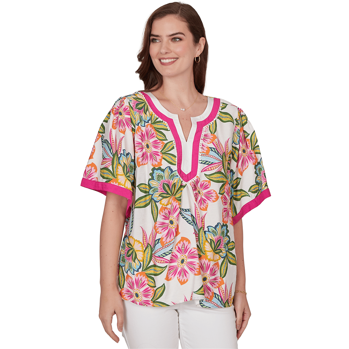 Ruby Rd. Petite Tropical Floral Trim Detail Top - Fuchsia Multi