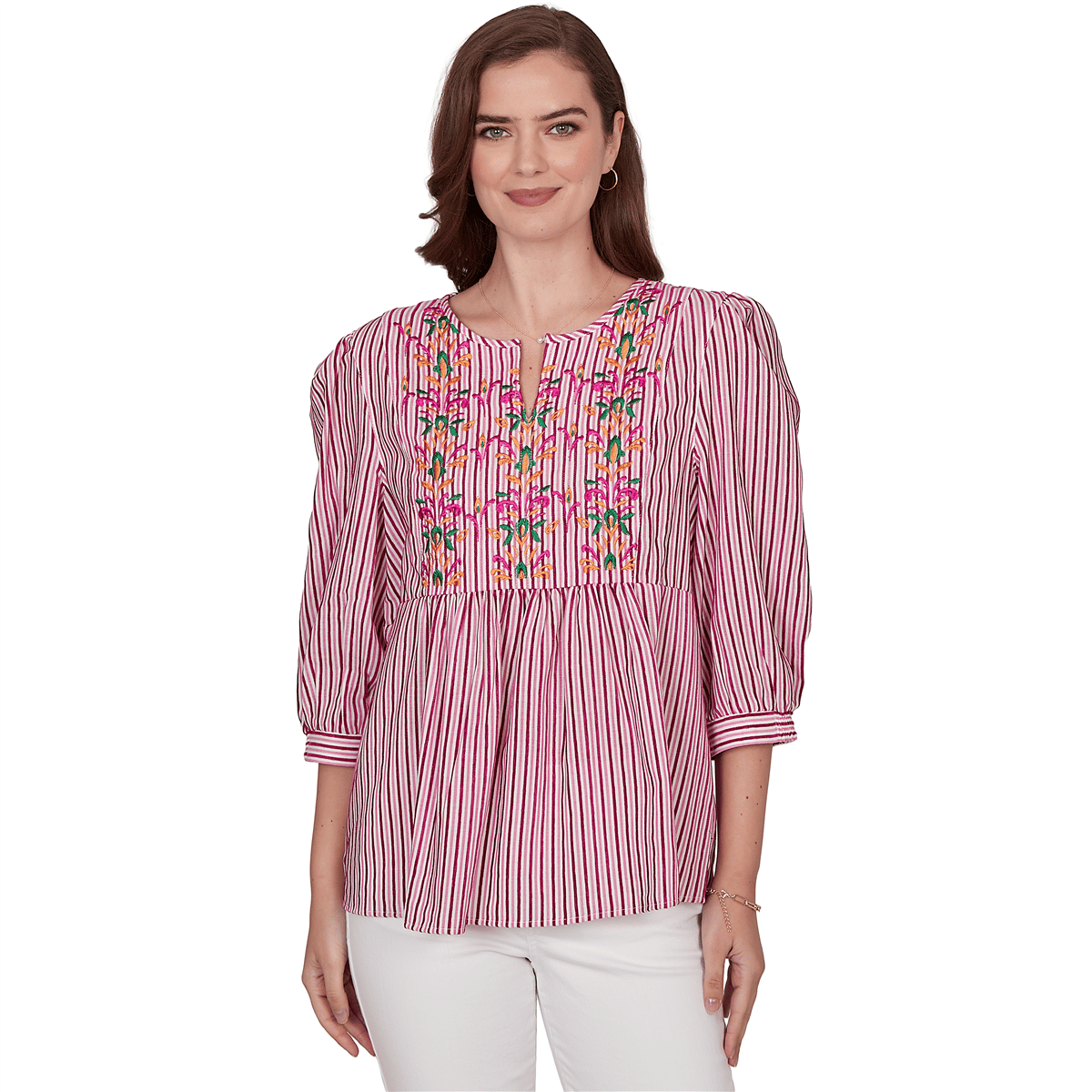 Ruby Rd. Petite Embroidered Placket Stripe Top - Fuchsia Multi