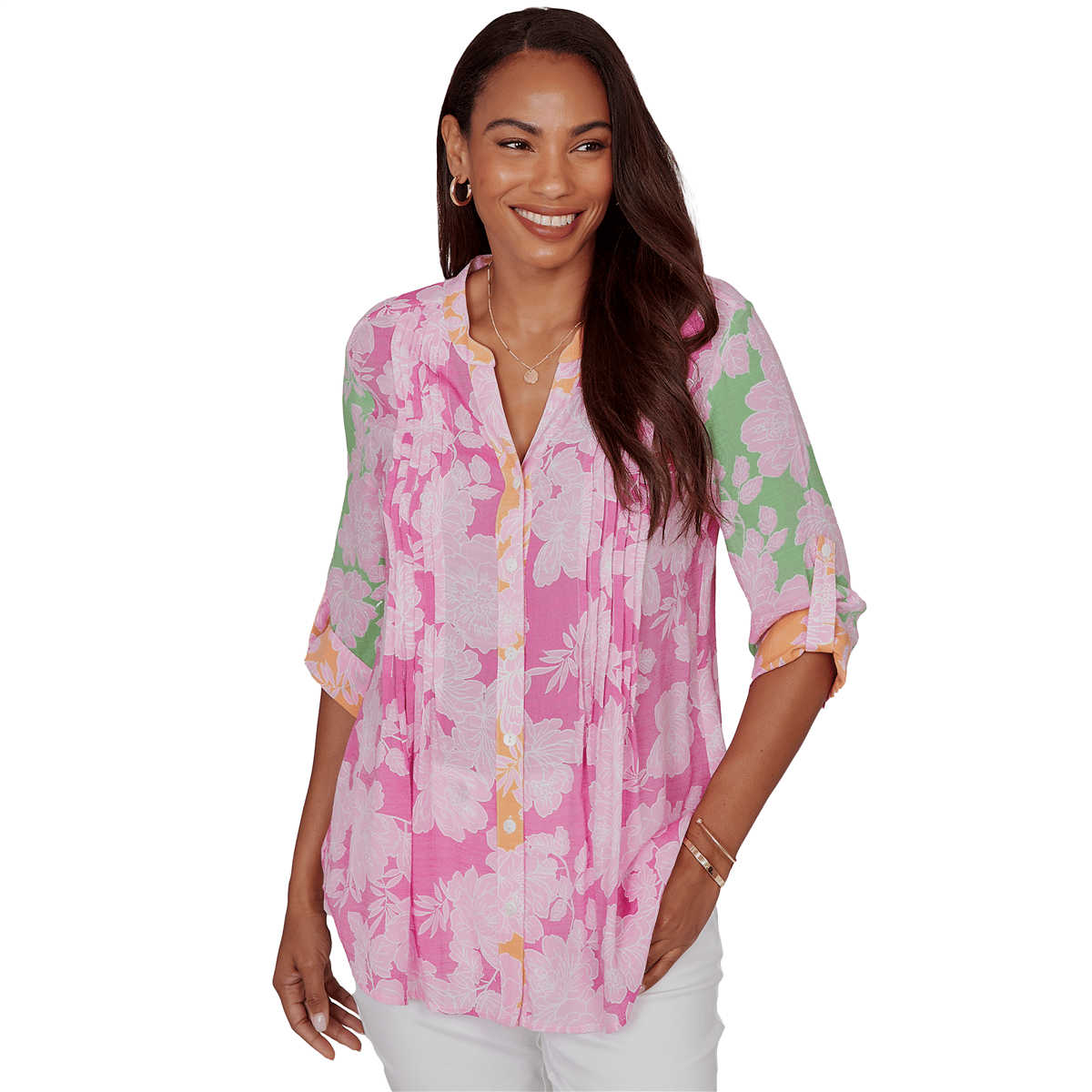 Ruby Rd. Petite Color-Block Floral Pintuck Gauze Top - Fuchsia Multi
