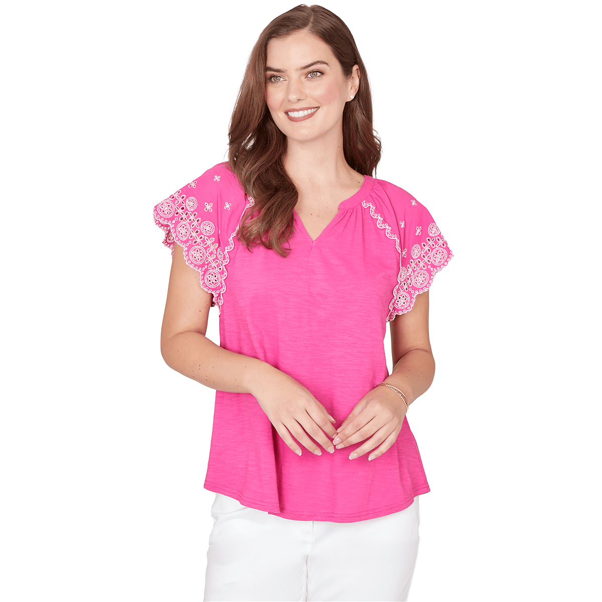 Ruby Rd. Petite Embroidered Sleeve Slub Knit T-shirt - Fuchsia