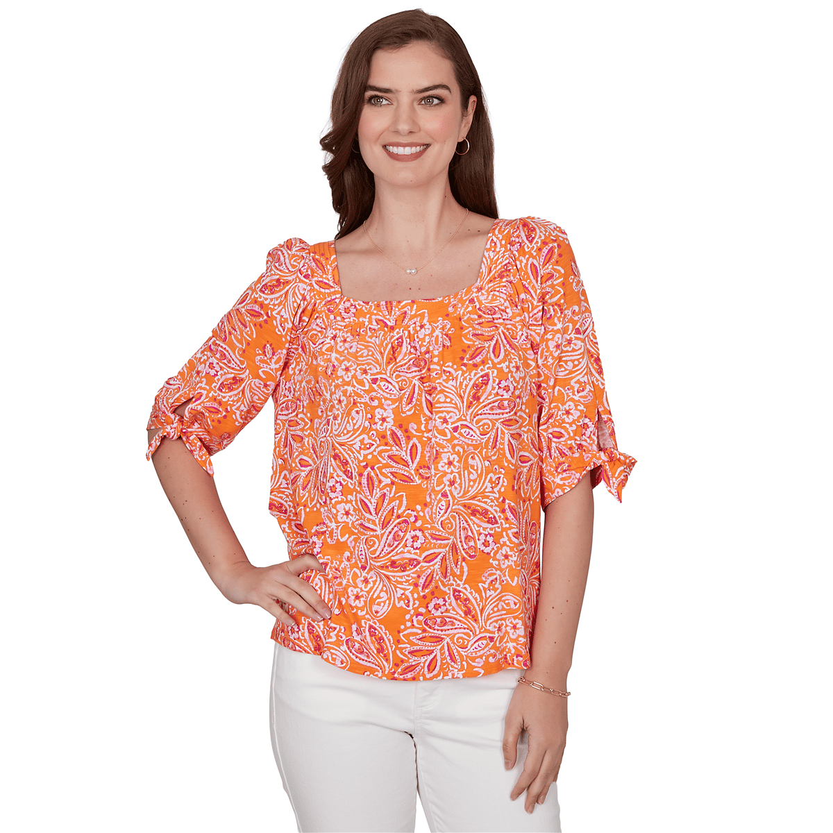 Ruby Rd. Petite Paisley Print Tie Sleeve Knit Top - Mandarin Multi