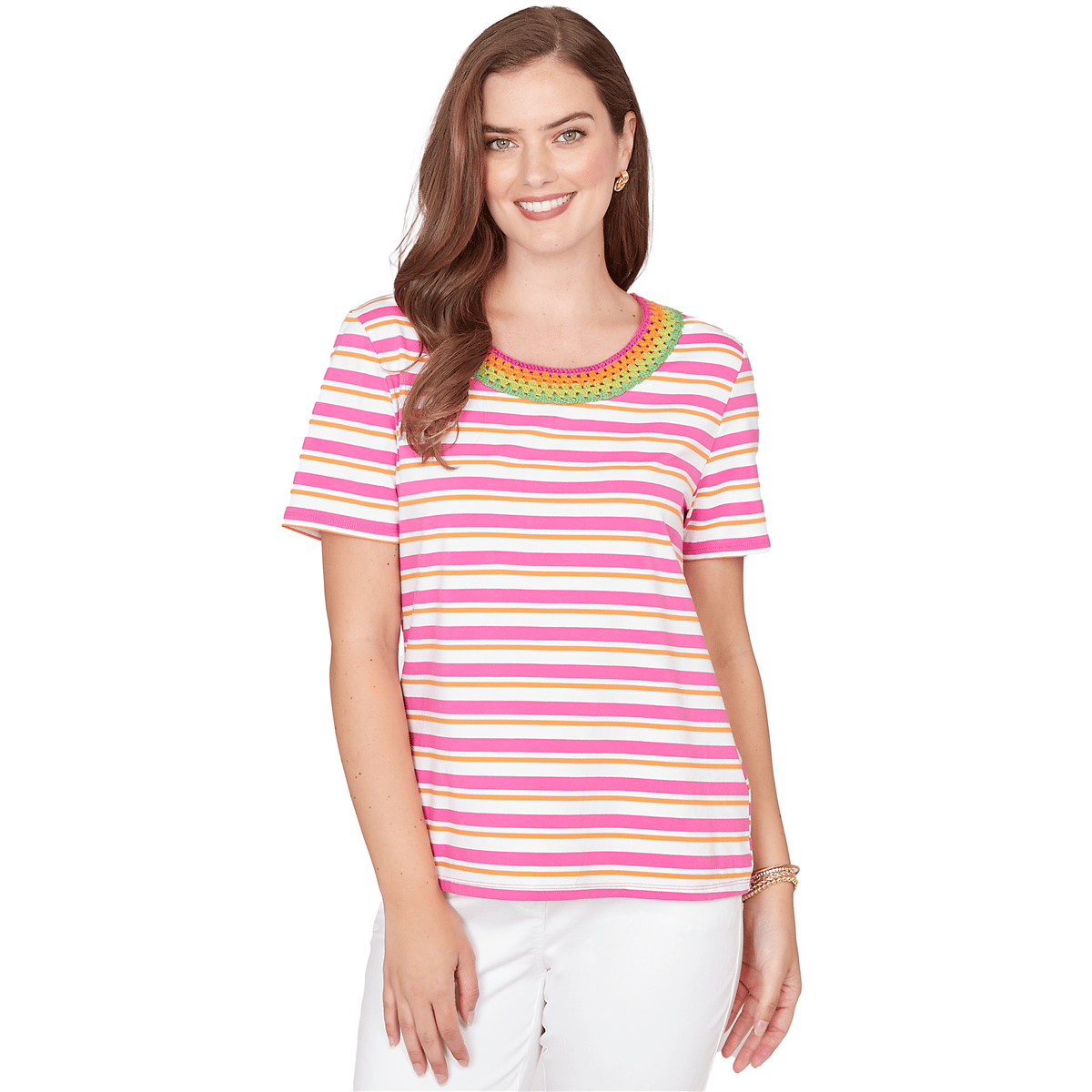 Ruby Rd. Petite Crochet Neck Stripe Knit T-shirt - Fuchsia Multi