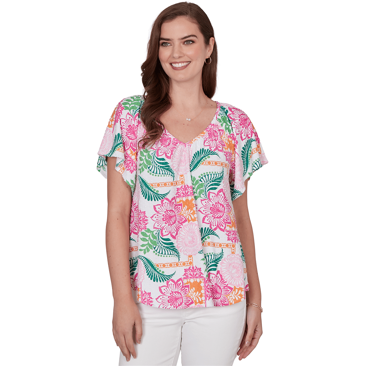 Ruby Rd. Petite Tropical Floral Eyelet Flutter Sleeve T-shirt - White Multi