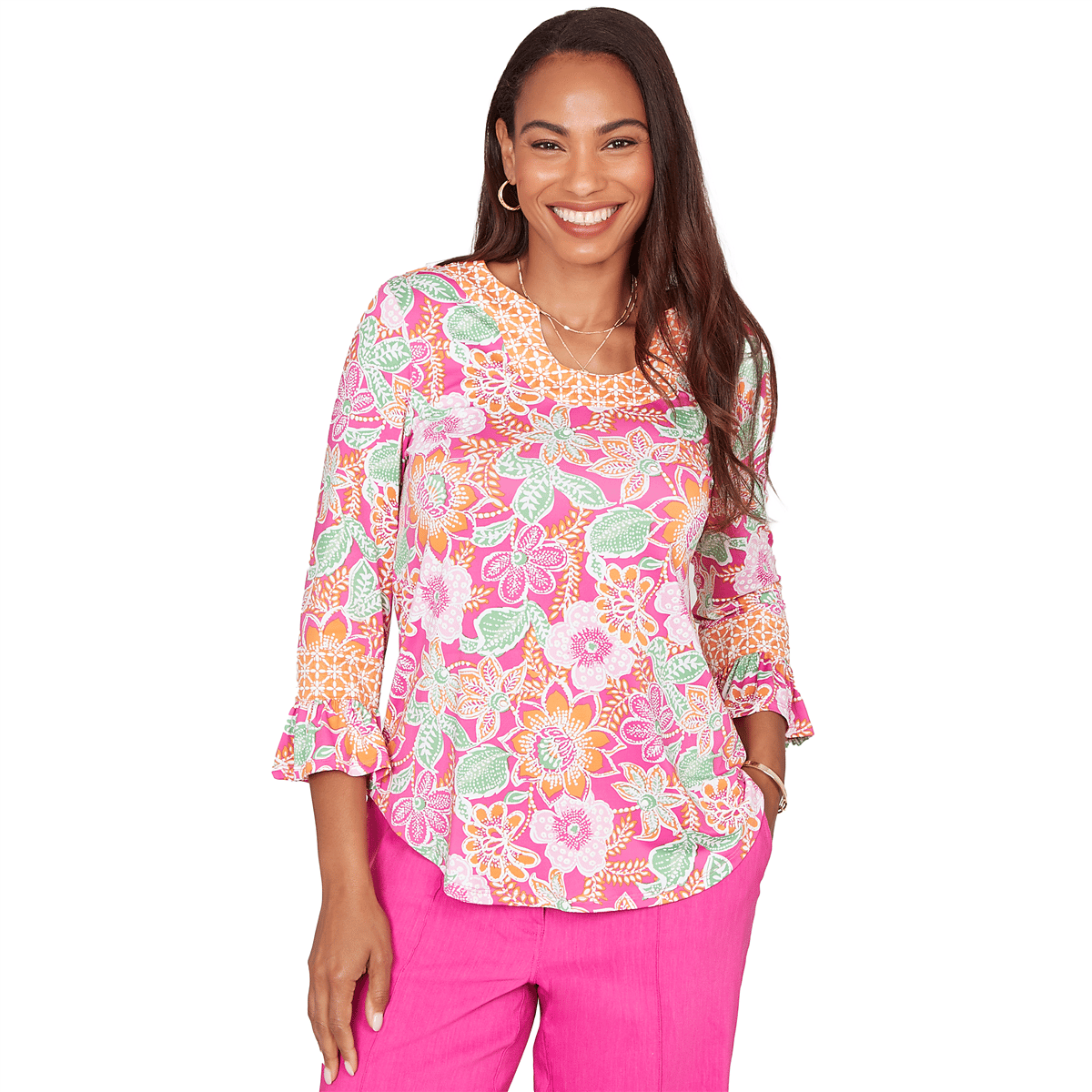 Ruby Rd. Petite Floral Puff Print Ruffle-Sleeve Knit Top - Fuchsia Multi
