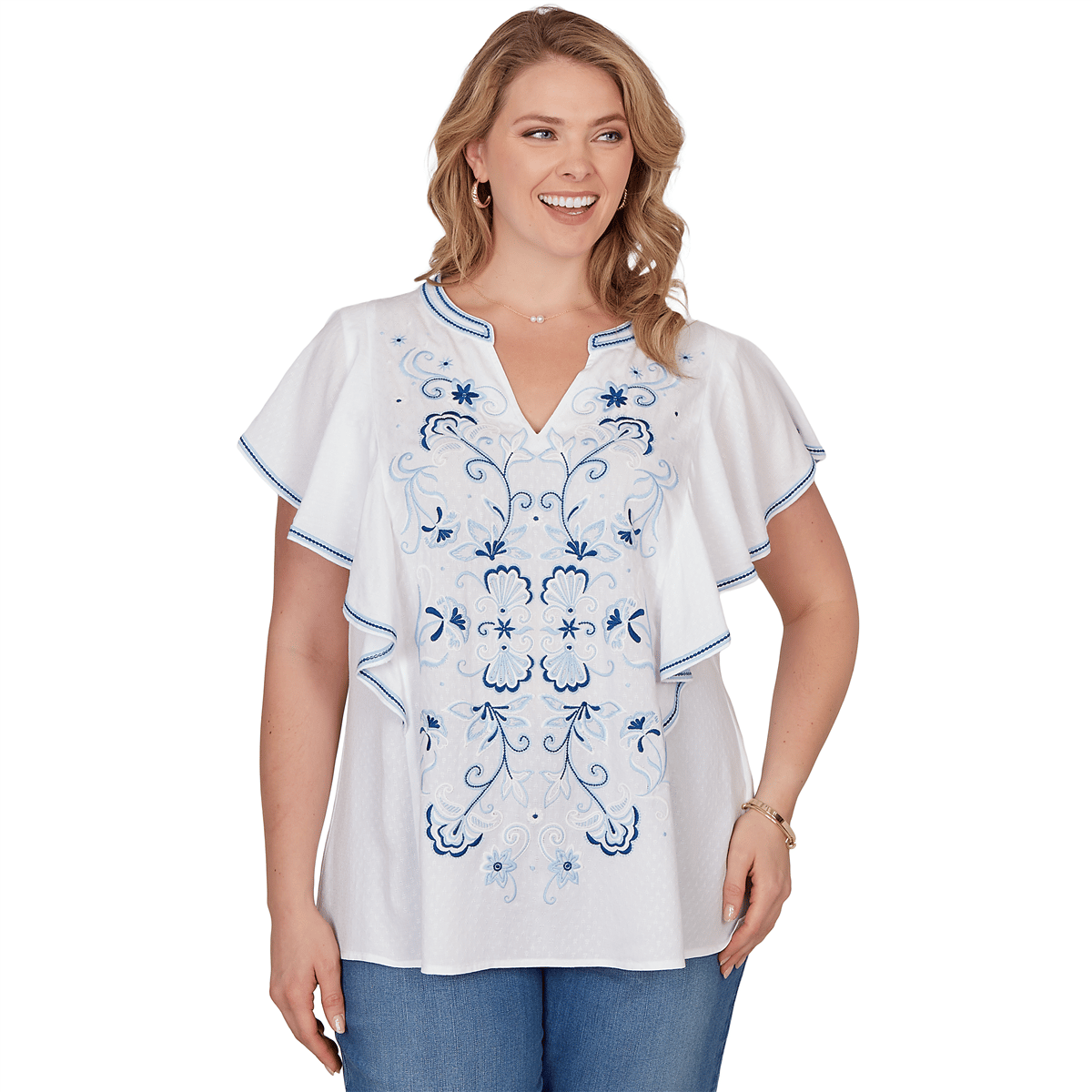 Click here for Plus Size Ruby Rd. French Riviera Ruffle Sleeve Em... prices