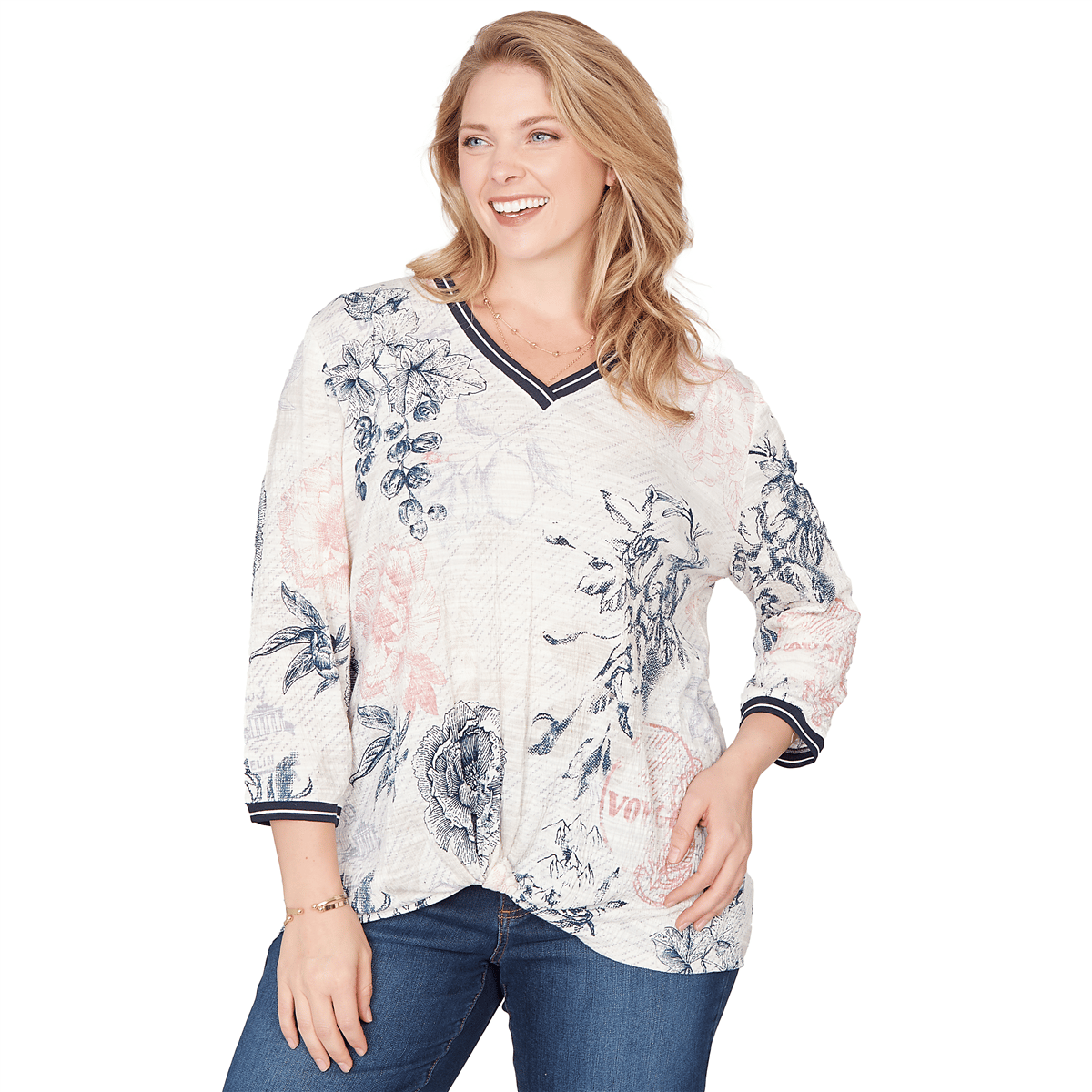 Plus Size Ruby Rd. Jetsetter Floral Stamp Front Knot Blouse