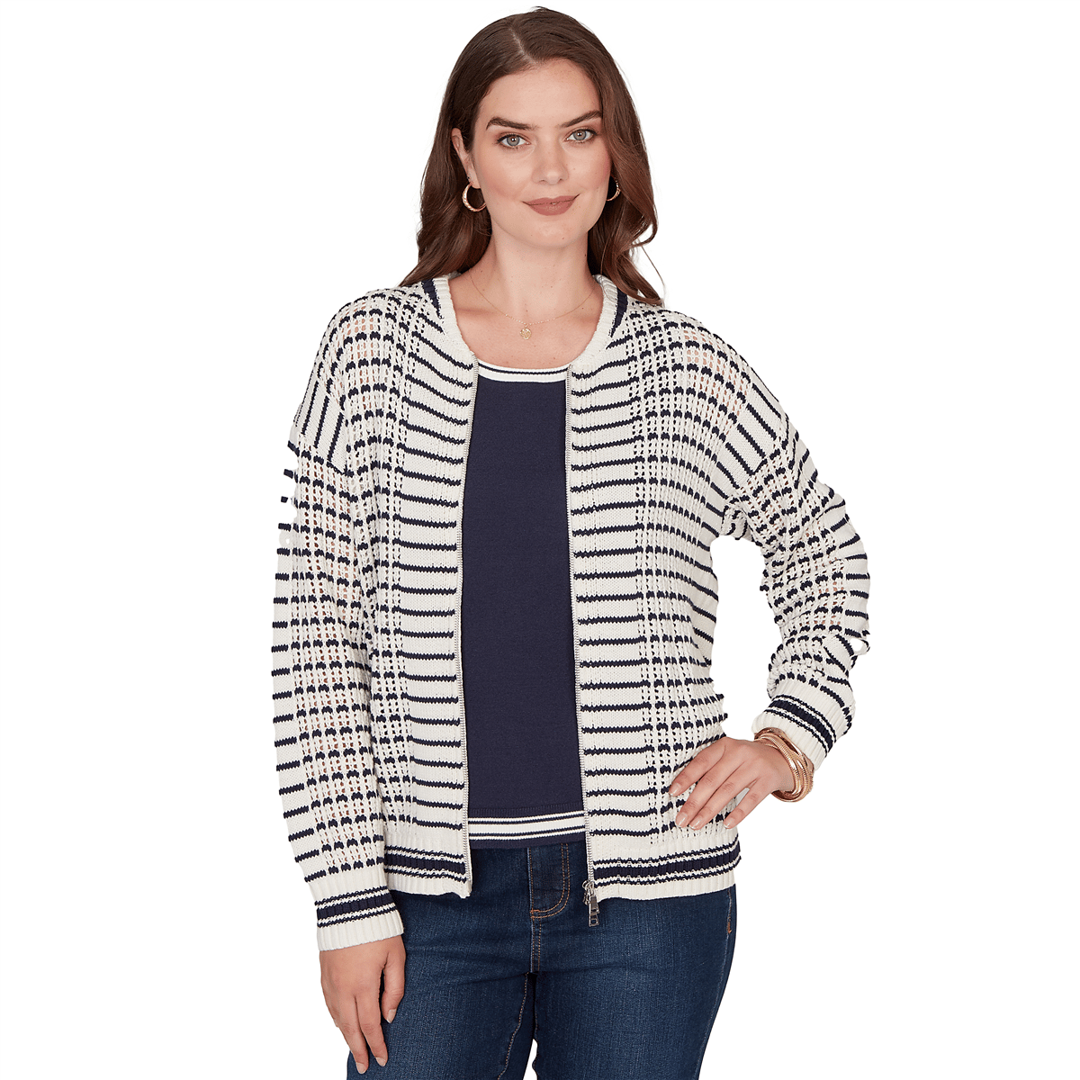 Ruby Rd. Petite Mesh Stitch Zip Sweater Jacket - Navy