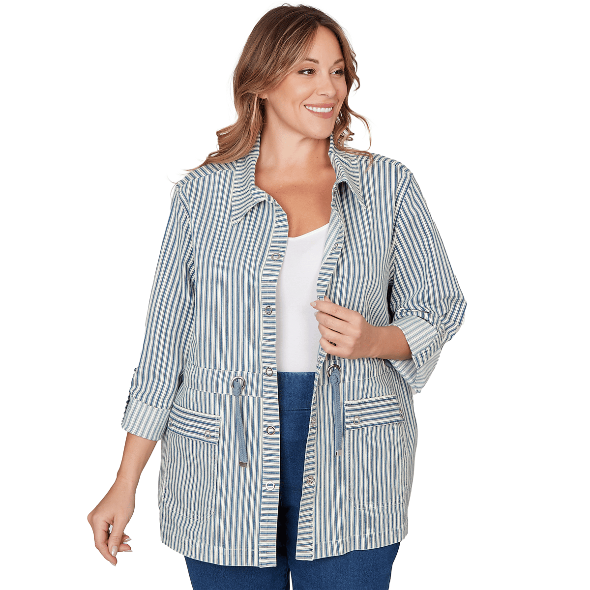 Click here for Plus Size Ruby Rd. Set Sail Stripe Snap Front Anor... prices
