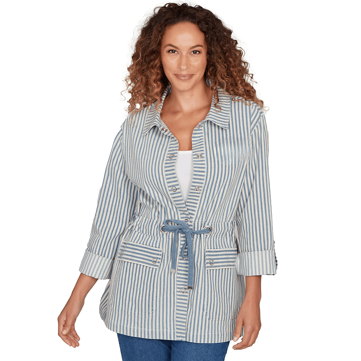 Click here for Petite Ruby Rd. Set Sail Stripe Snap Front Anorak... prices