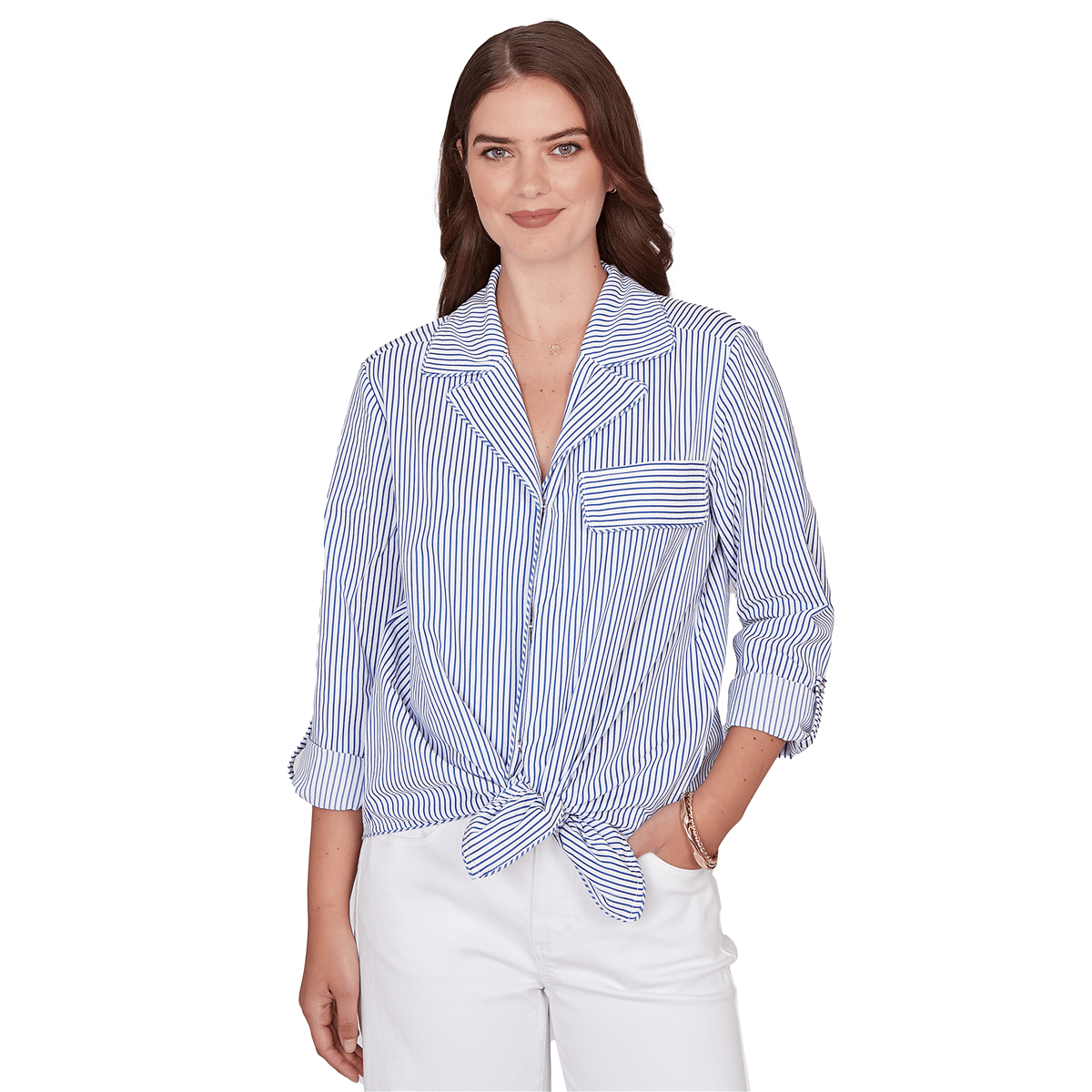 Click here for Petite Ruby Rd. Set Sail 3/4 Sleeve Tie Front Stri... prices