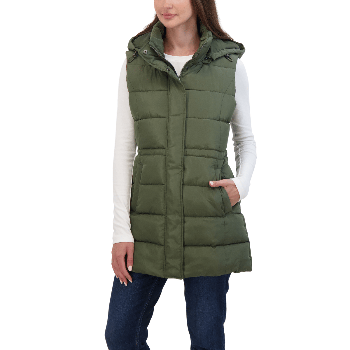 Sebby Collection Womens Puffer Vest With Drawstring Waist - Olive