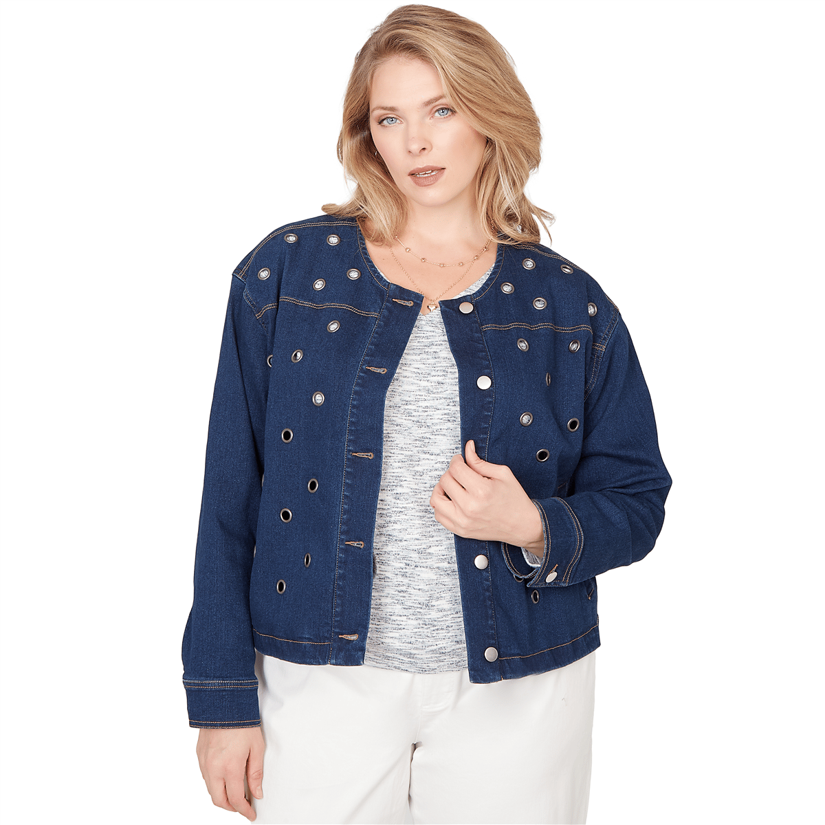 Click here for Plus Size Skyes the Limit Cozy Up Grommet Denim Ja... prices