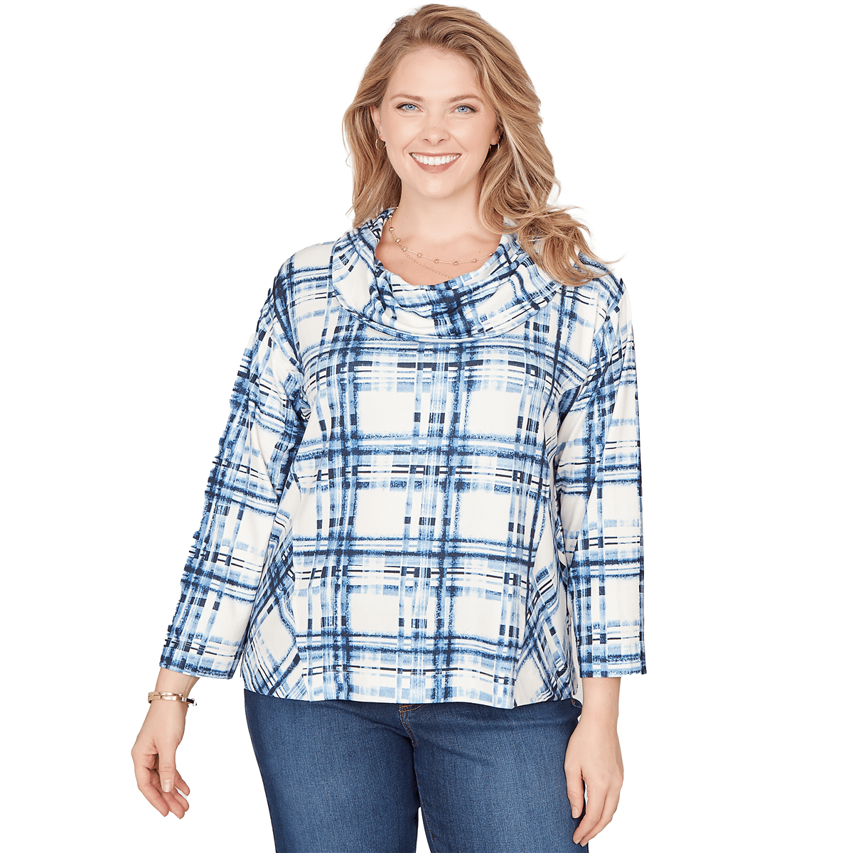 Click here for Plus Size Skyes the Limit Cozy Up Cowl Neck Plaid... prices