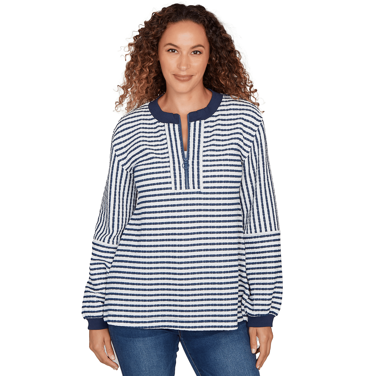 Click here for Petite Skyes the Limit Cozy Up 1/4 Zip Stripe Blou... prices