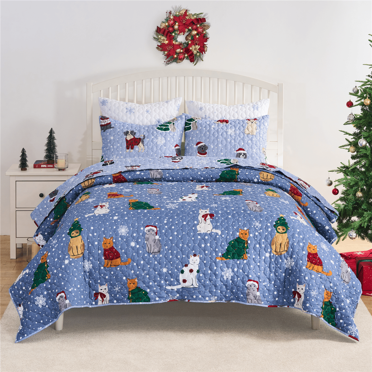Greenland Home Fashions Winter Whiskers Holiday 3-Pc. Quilt Set  Full/Queen - Blue