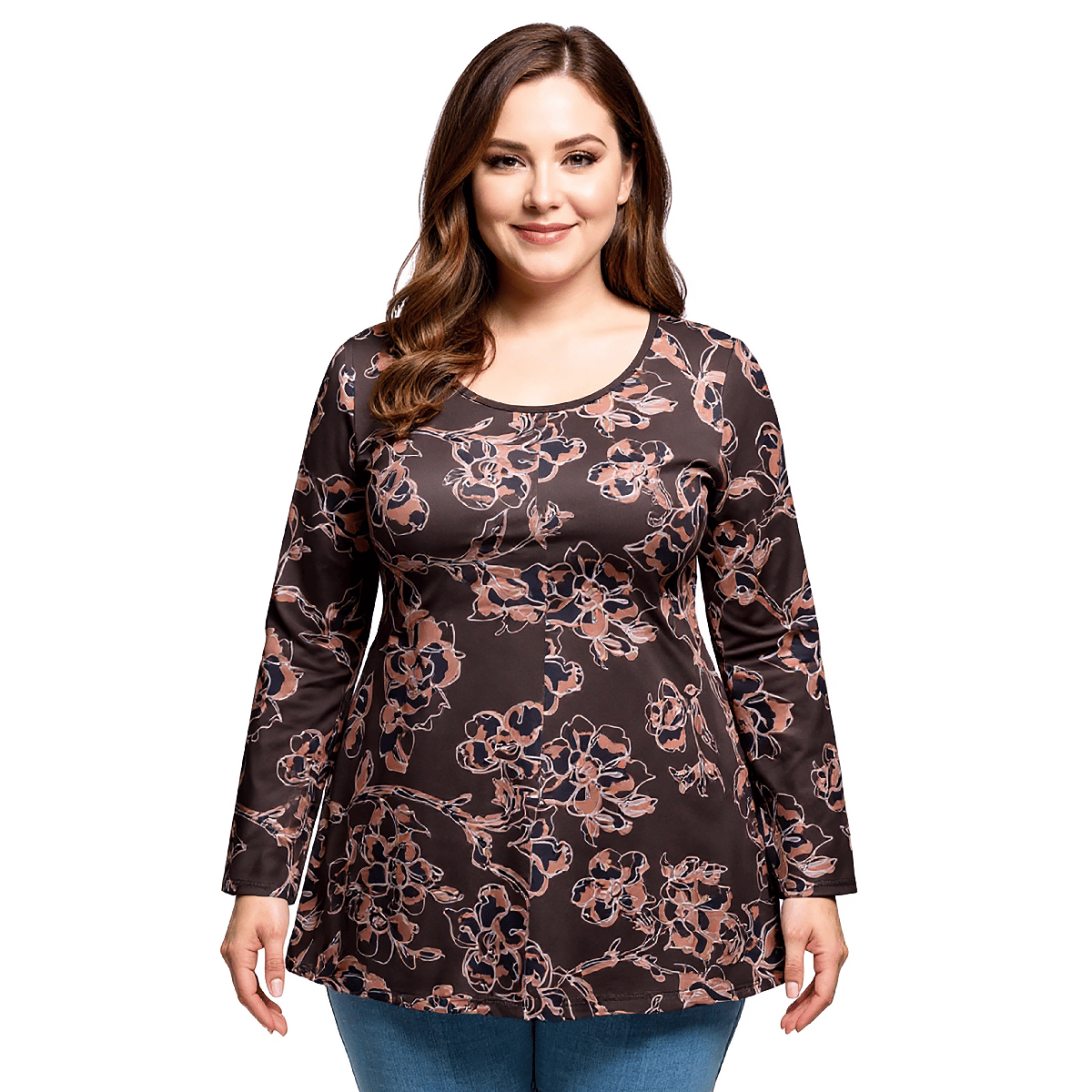 Click here for Plus Size 24/7 Comfort Apparel Brown Floral Tunic... prices