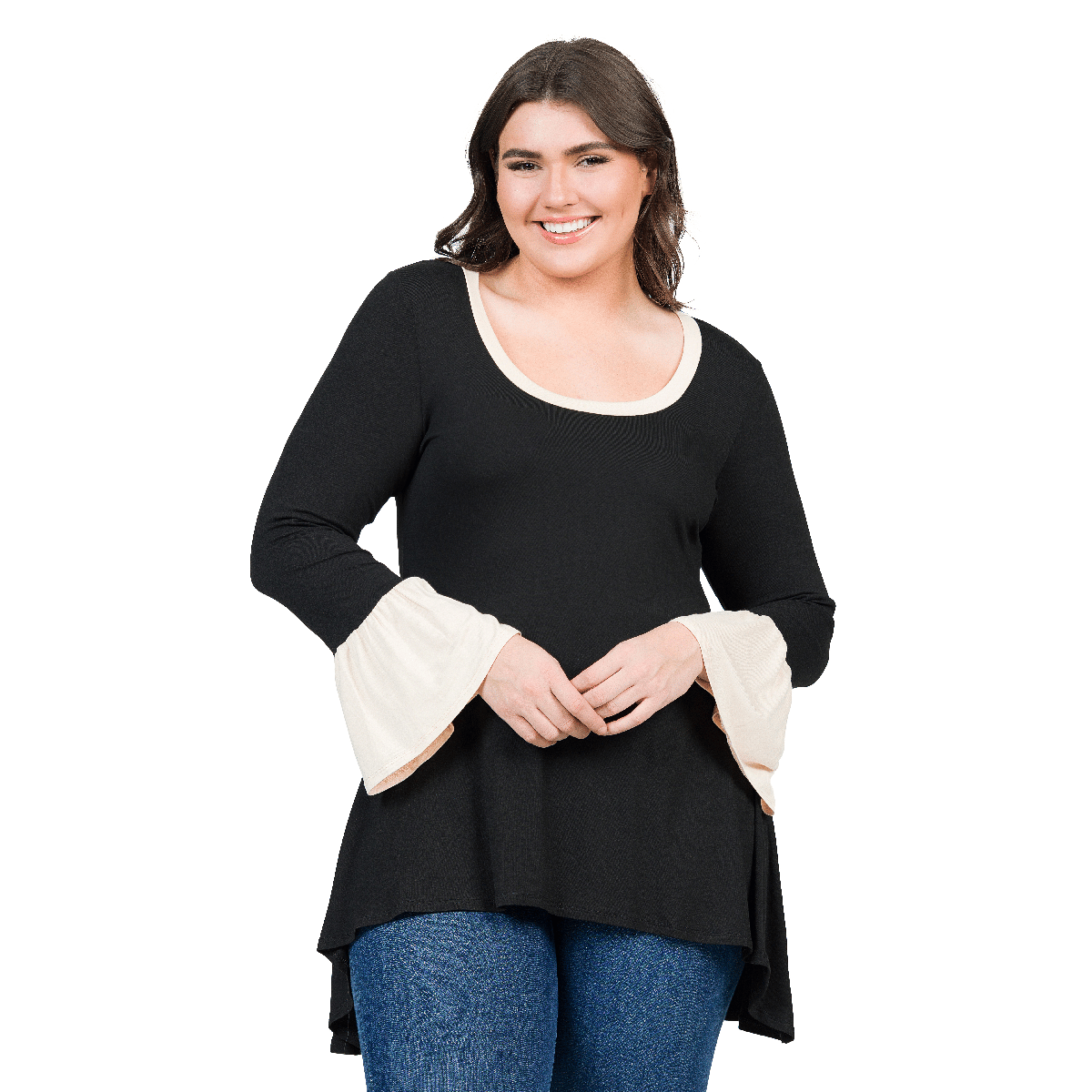 Click here for Plus Size 24/7 Comfort Apparel Bell Sleeve Hi-Low... prices