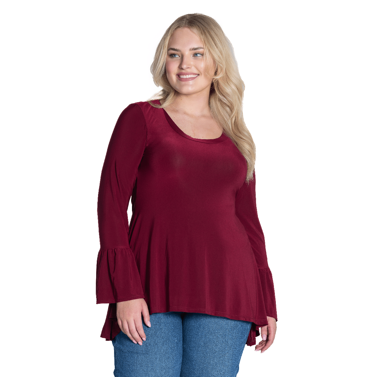Click here for Plus Size 24/7 Comfort Apparel Bell Sleeve Hi Low... prices