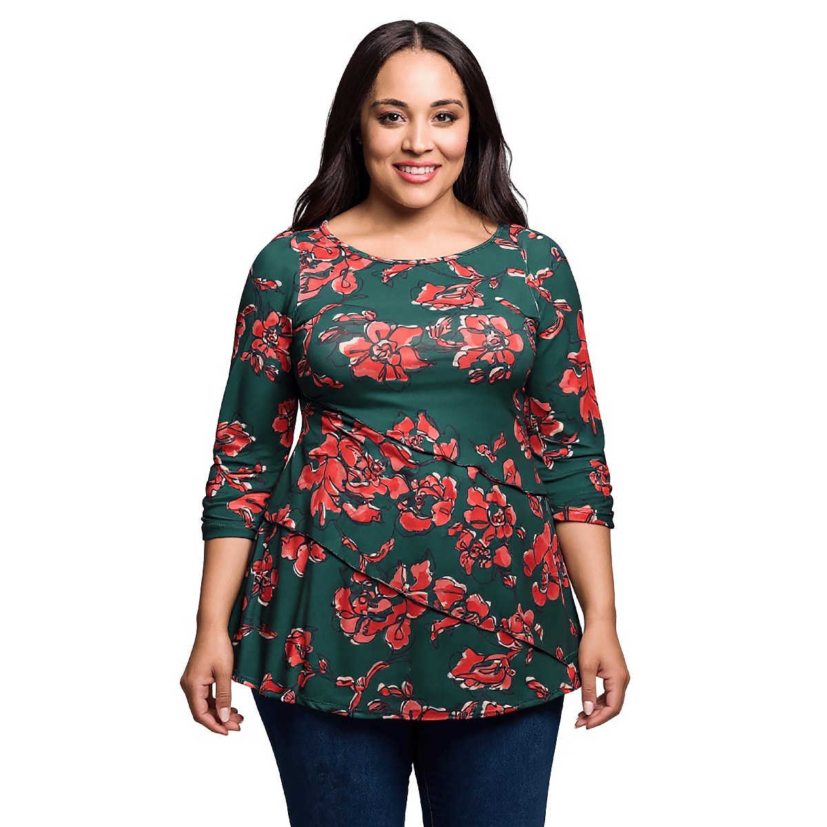 Click here for Plus Size 24/7 Comfort Apparel Green Floral 3/4 Sl... prices