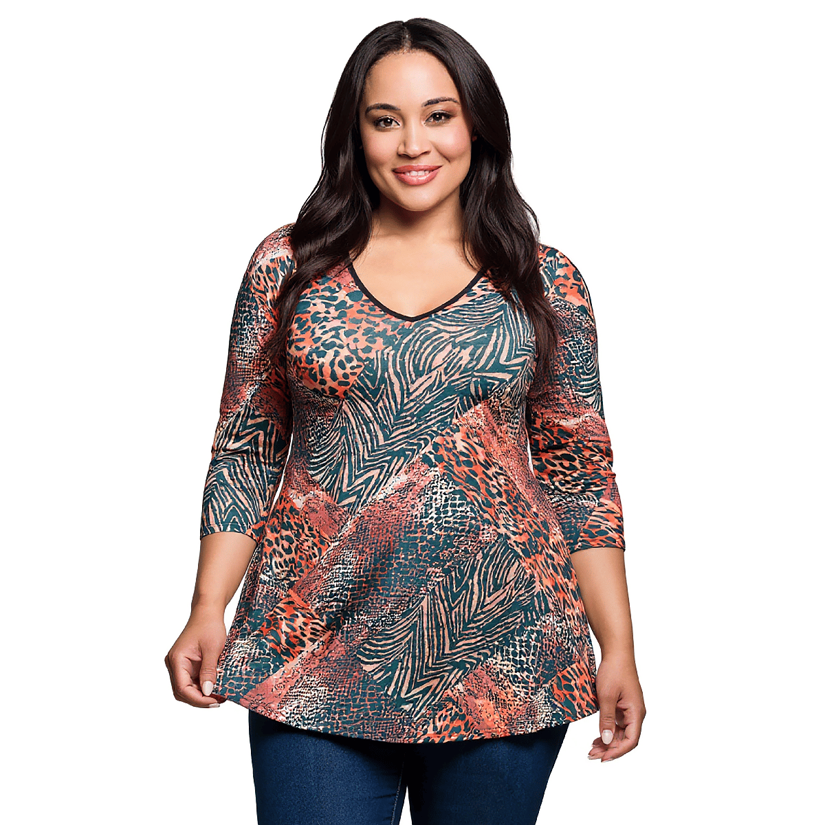 Click here for Plus Size 24/7 Comfort Apparel Animal Print V-Neck... prices