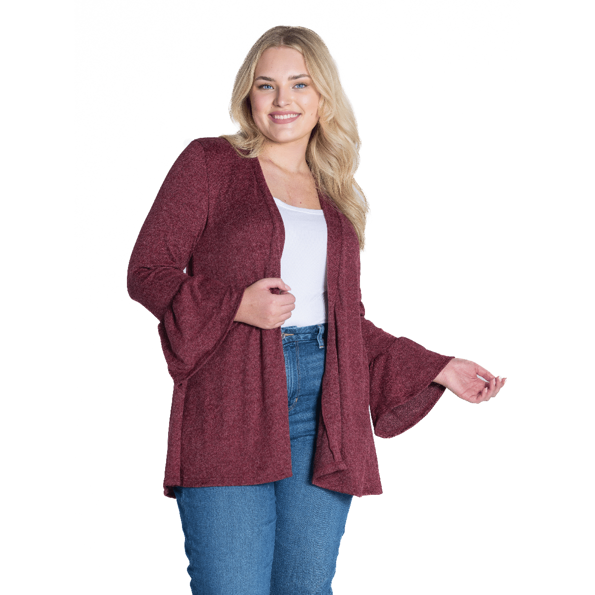 24seven Comfort Apparel Plus Size Bell Sleeve Open Cardigan Sweater - Black