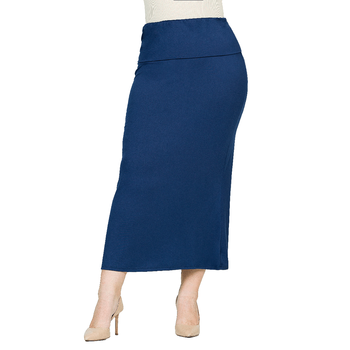 24seven Comfort Apparel Plus Size Comfortable Fold Over Maxi Skirt - Navy