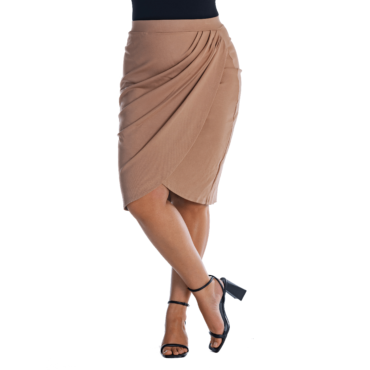 24seven Comfort Apparel Plus Size Elastic Waist Knee Length Skirt - Taupe