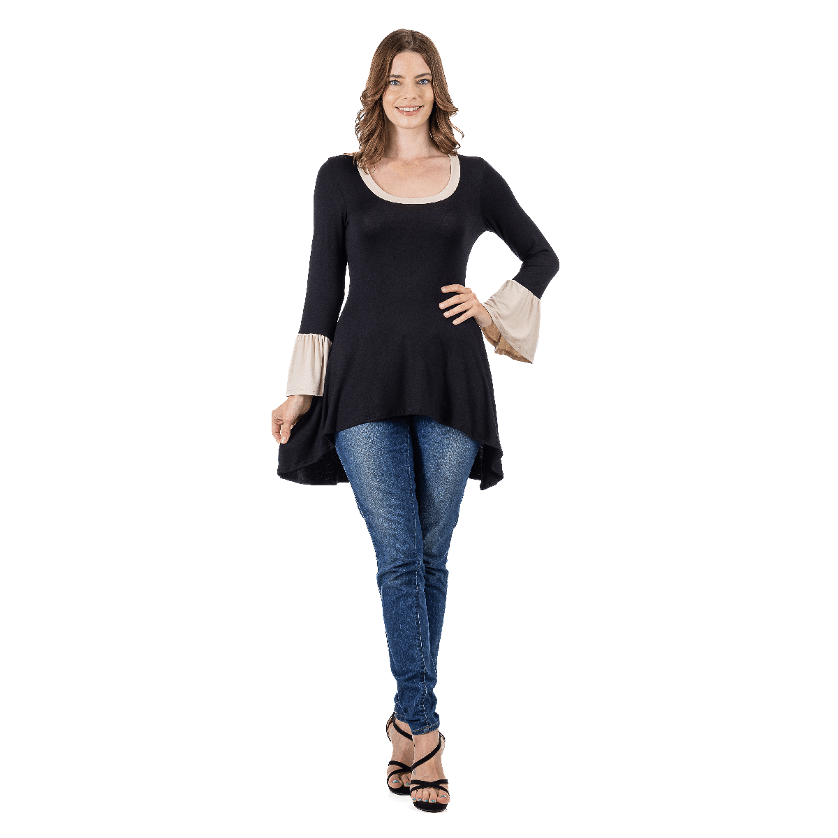 Click here for Womens 24/7 Comfort Apparel Black & Beige Hi-Low T... prices