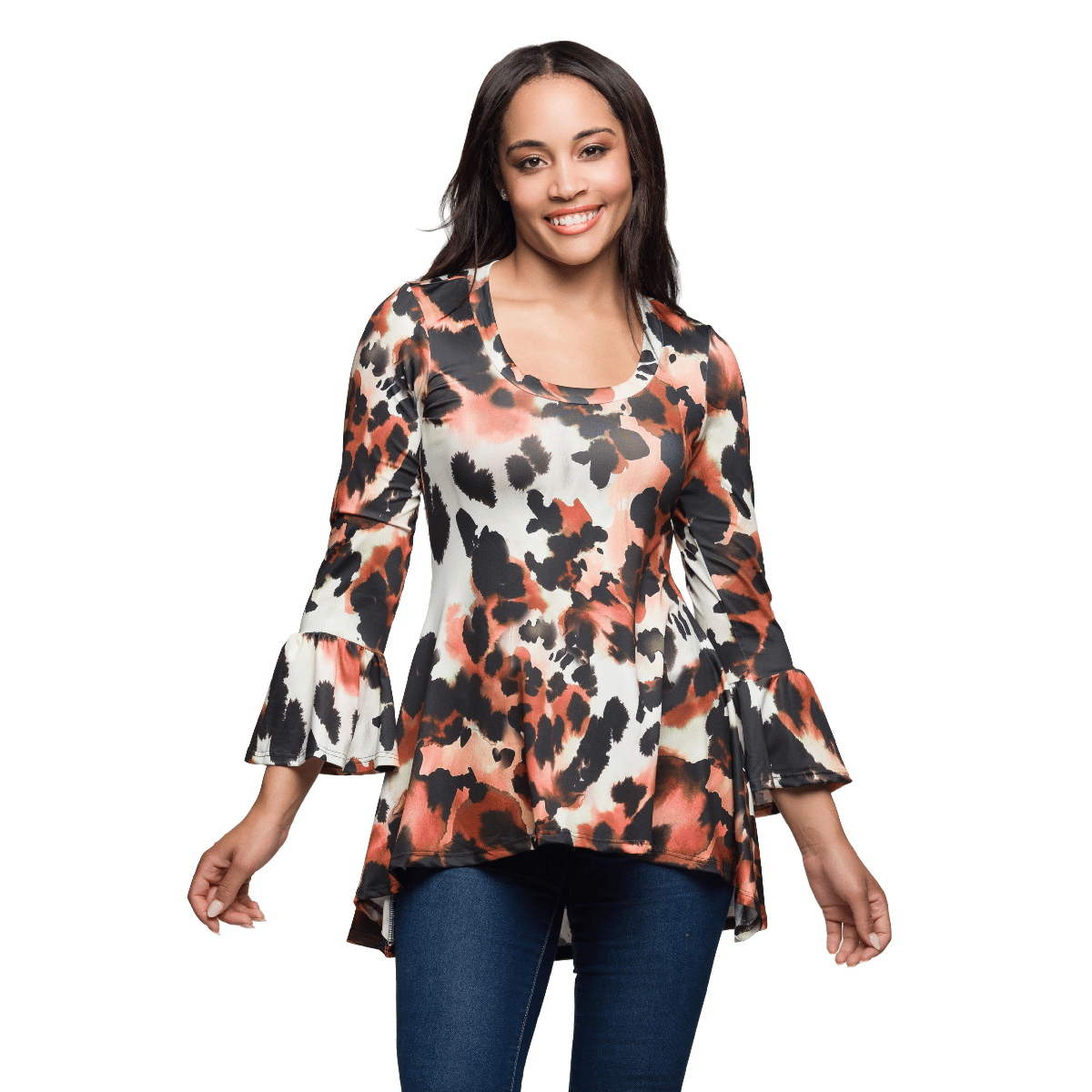 Click here for Womens 24/7 Comfort Apparel Animal Print Bell Slee... prices