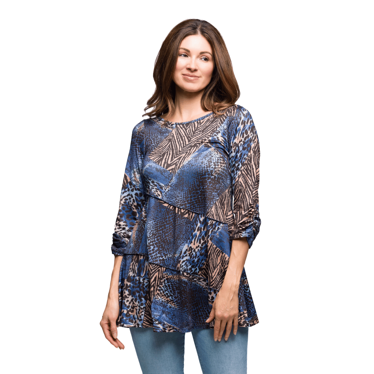 Click here for Womens 24/7 Comfort Apparel Blue Animal Print Tuni... prices