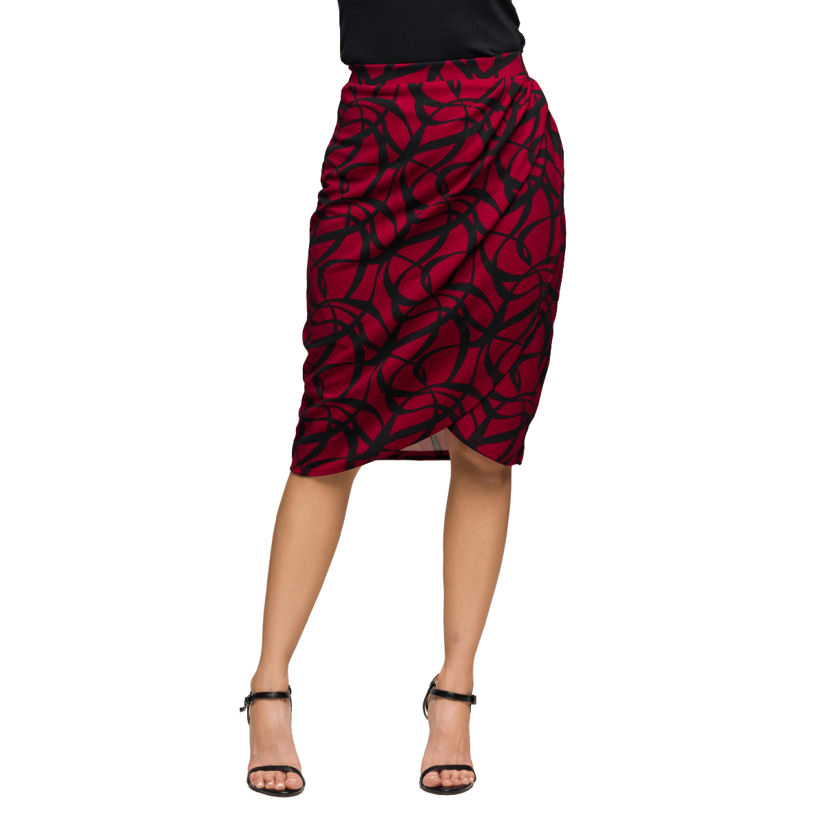 24seven Comfort Womens Apparel Burgundy Print Ruched Knee Length Skirt - Red Multi