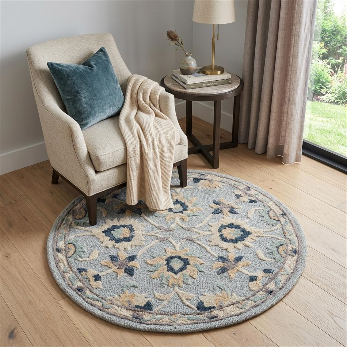 Click here for HomeRoots Beige & Blue Wool Floral Hand-Woven Roun... prices