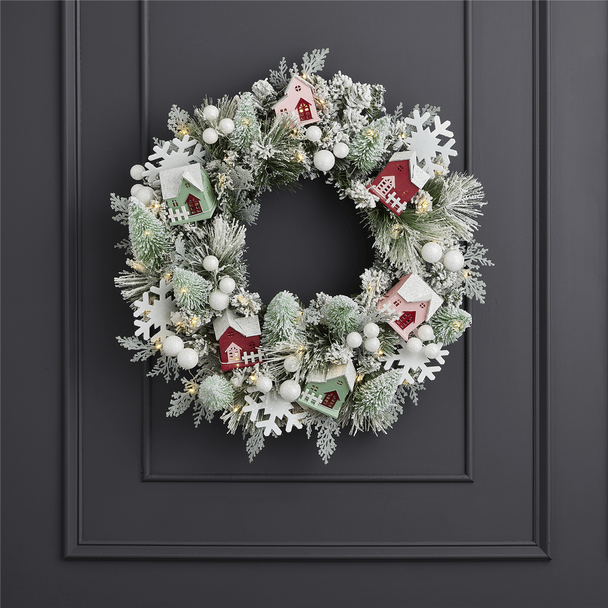 Click here for Seasonal LLC LED Snowy Cottage 26in. Wreath prices
