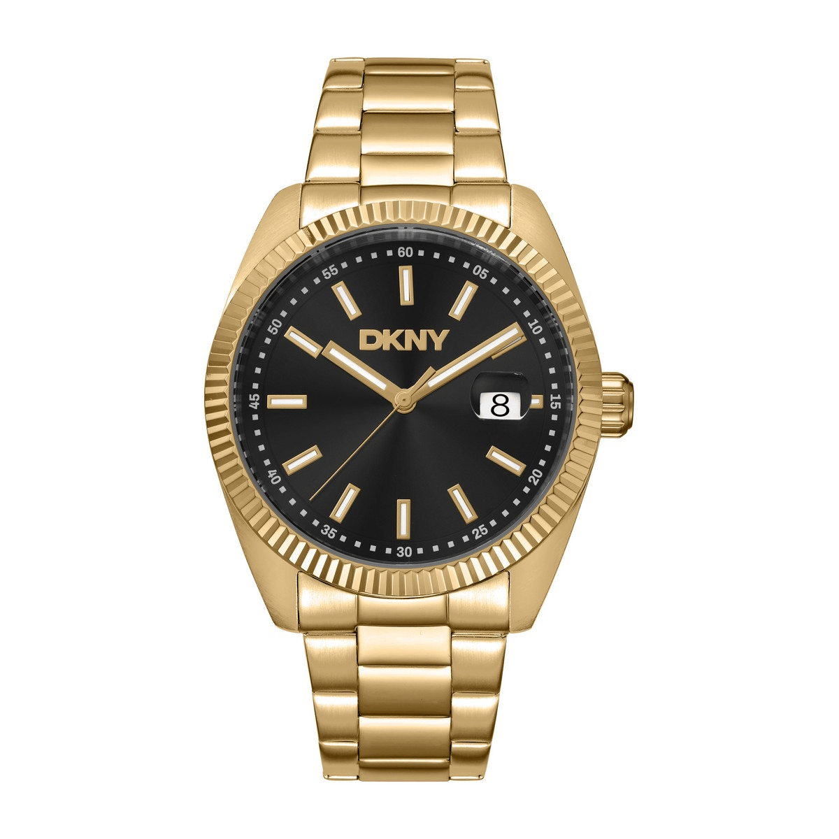 Click here for Mens DKNY Date Fluted Bezel Gold Black Dial Watch... prices